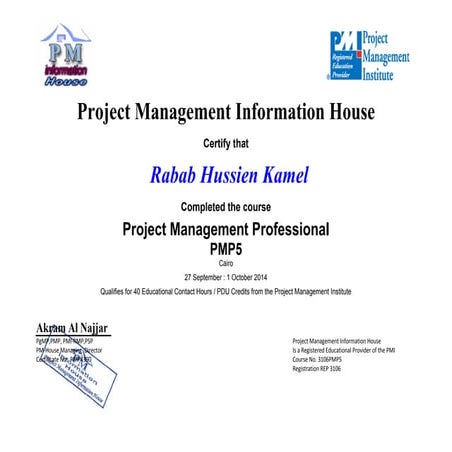 PMP 5 Cert 27.9-1.10.2014 Rabab Husssein | PDF