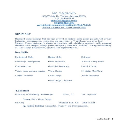 Ian Goldsmith (Game Design resume) | DOCX