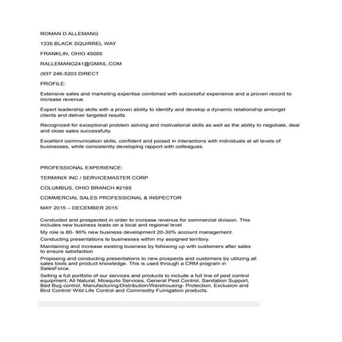 ROMAN ALLEMANG RESUME 2016 | RTF