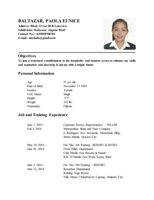 Resume for ojt / work | DOCX | Professional School | Postgraduate Education
