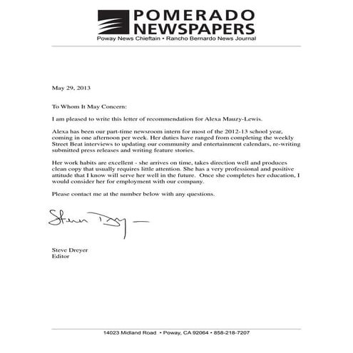 Pomerado News Letter of Reccomendation | PDF