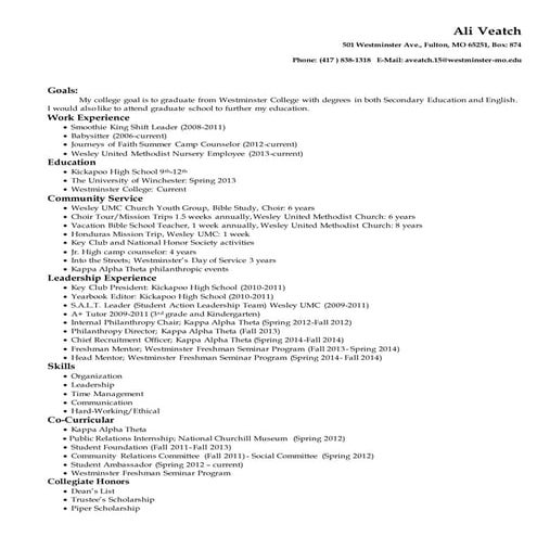 Resume-A. Veatch 2014 | DOCX | College Education | Education