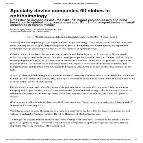Specialty device companies fill niches in ophthalmology | PDF