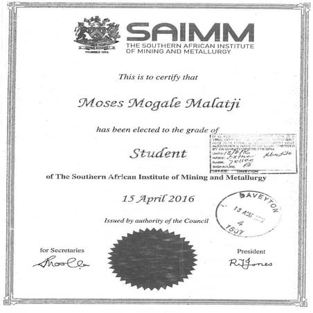 SAIMM Certificate | PDF