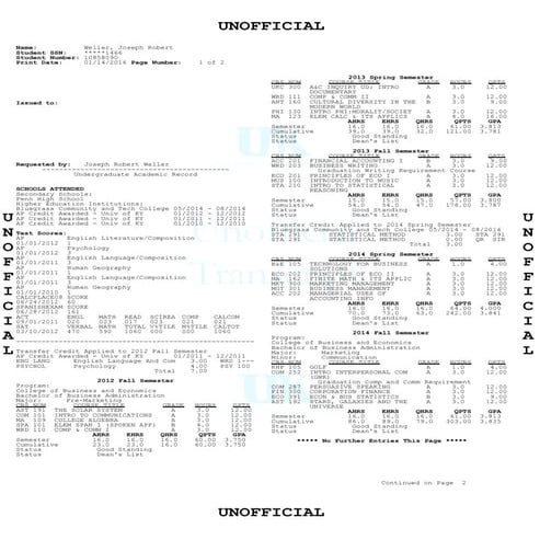 Final Stony Brook Unofficial Transcript | PDF