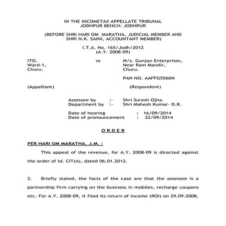 ITO Ward-1, Churu vs. Gunjan Enterprises | PDF