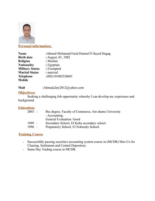 Hossam Mohamed C.V | PDF | Business Accounting & Finance | Business