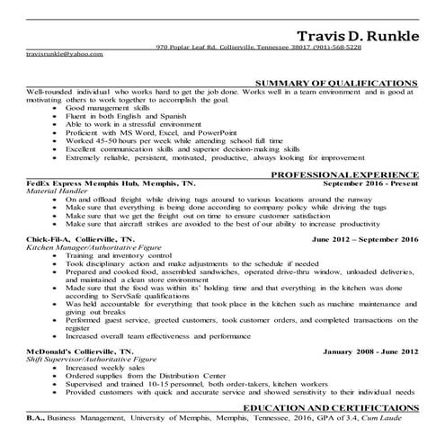 Travis Resume 16 (Current) | DOCX | Business | Business and Finance