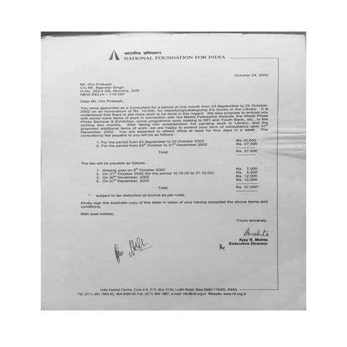 Appointment Letter issued by National Foundation For India New Delhi | PDF