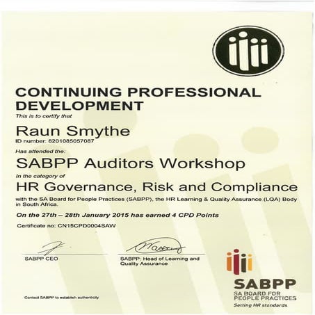 Raun Smythe - SABPP Certificate of attendance | PDF