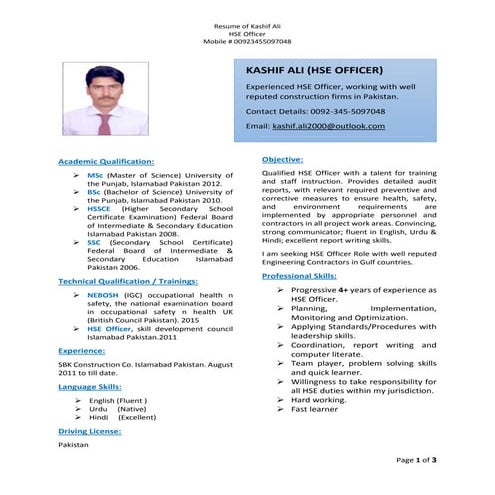 Kashif Ali Resume HSE | PDF