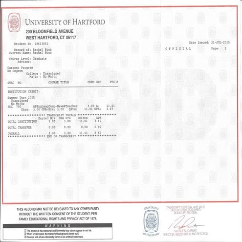 University of Hartford Transcript | PDF