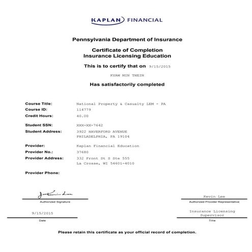 Property and Casualty Insurance Certificate | PDF