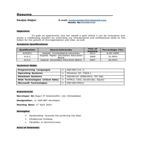 Sanjay Resume | DOCX | Web Development | Internet