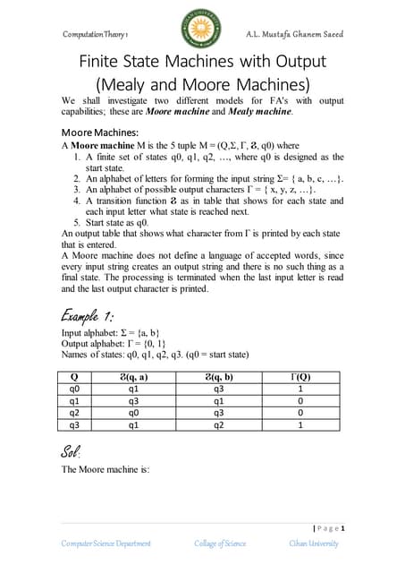 Mealy and moore machine | PPTX | Technology & Computing
