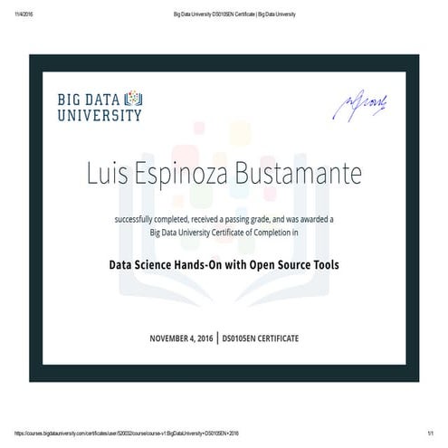 Big Data University DS0105EN Certificate _ Big Data University | PDF