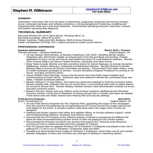Resume Stephen Wilkinson 2016 Sentara | PDF