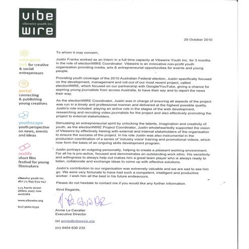 Justin Franks - Vibewire - Annie - Reference Letter | PDF