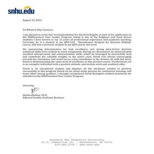 David Andrew DeAngelis - Dr Alethea Duhon - recommendation - Thank you ...