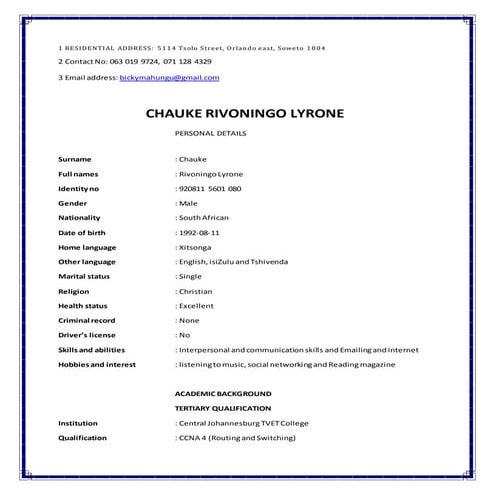 CURRICULUM VITAE OF CHAUKE RIVONINGO LYRONE RL | PDF