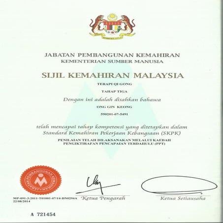 Ong Gin Keong - Certificates - Zhineng Qigong - Sijil Kemahiran ...