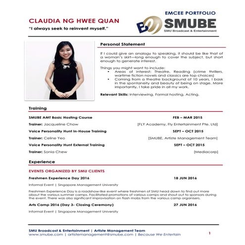 [SMUBE AMT Emcee Portfolio] Claudia Ng Hwee Quan | PDF