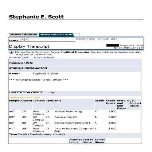 Stephanie E. Scott unofficial transcript | PDF