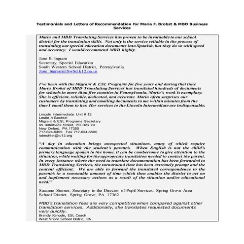 Testimonials and Letters of Recommendation for Maria 2013 | PDF