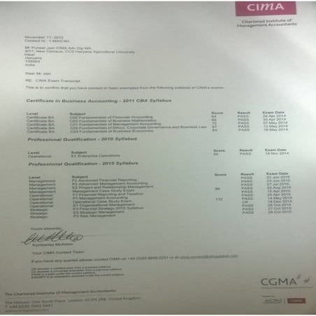 CIMA Result Transcript | PDF