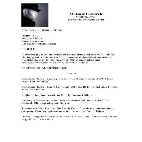 Mateusz Szczerek dancer CV final | PDF