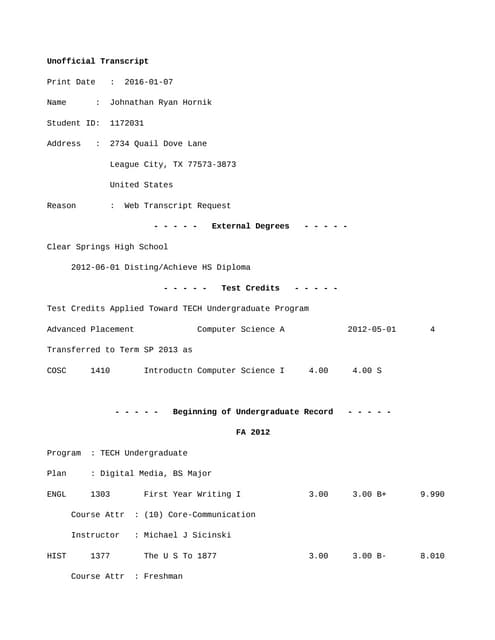 Megan grehl unofficial transcript | PDF