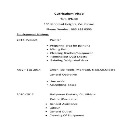 Tom O Neill CV 2015 Work Experience | DOCX