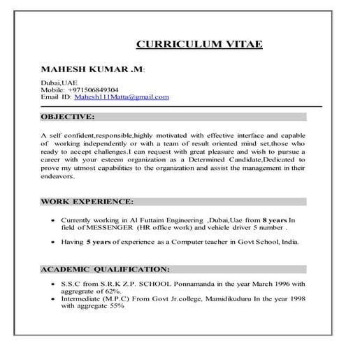 CURRICULUM VITAE MAHESH | DOCX | Education