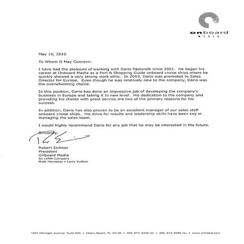 Onboard Media Letter reference Dario Pastorelli | PDF