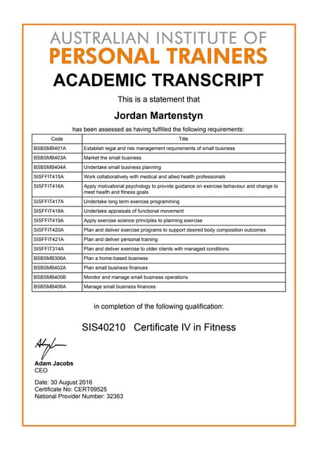 Certificate IV in Fitness SIS40210 AIPT Transcript P1 and 2 | PDF