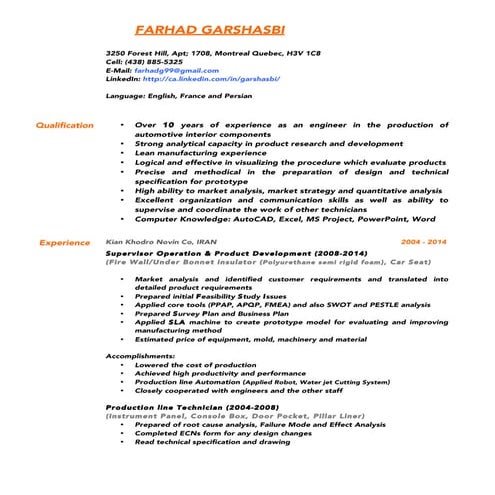 Farhad Garshasbi CV | PDF | Manufacturing Industry | Industries