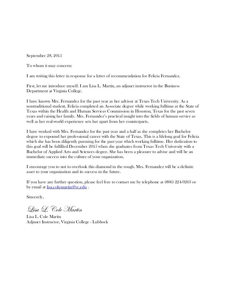letter of recommendation Felicia Fernandez