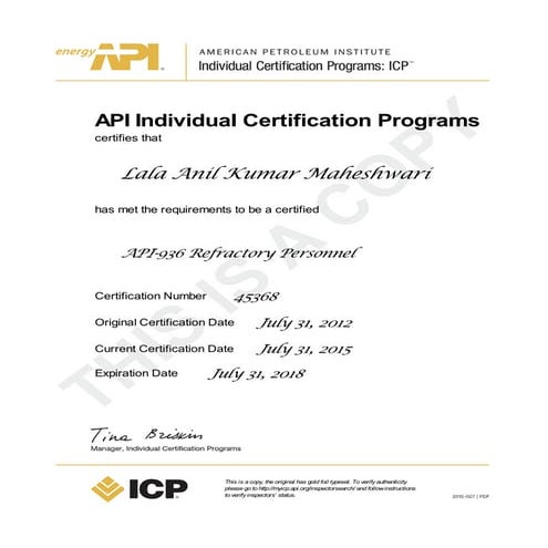 API 936 Certificate | PDF