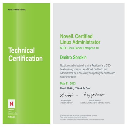 Novell Certified Linux Administrator DmitroSorokin_NCLA_ECR | PDF