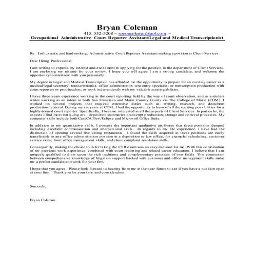Bryan coleman cover letter | PDF
