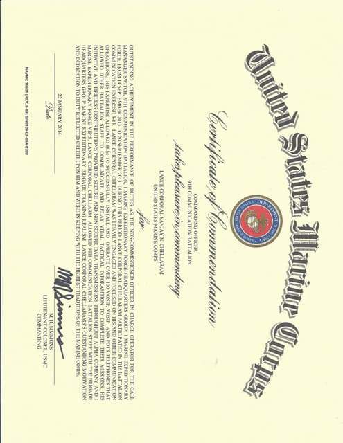 Usmc Certificate Of Commendation Template