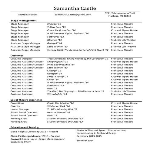 Theatre Resume - Samantha Castle | PDF