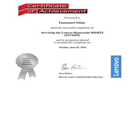 Lenovo Learning - Certificate -Servicing the Lenovo Hyperscale RD452X | PDF
