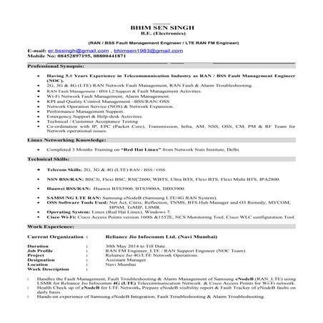 Bhim Sen Singh_Resume-RAN FM Engineer | DOC