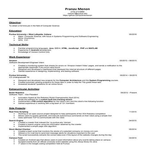 Pranav Menon - Resume | PDF | Robotics | Technology & Computing