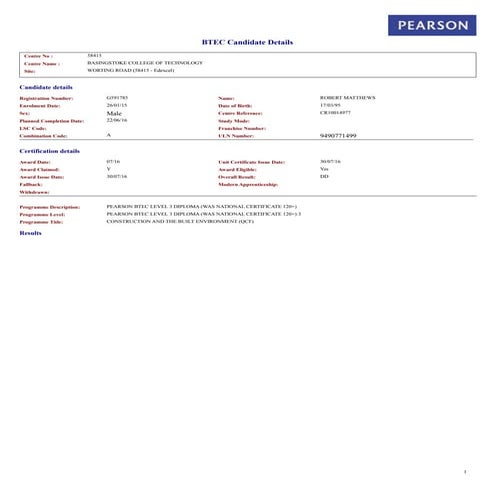 Rob Matthews Results BTEC Lvl 3 Construction and Built Environment | PDF