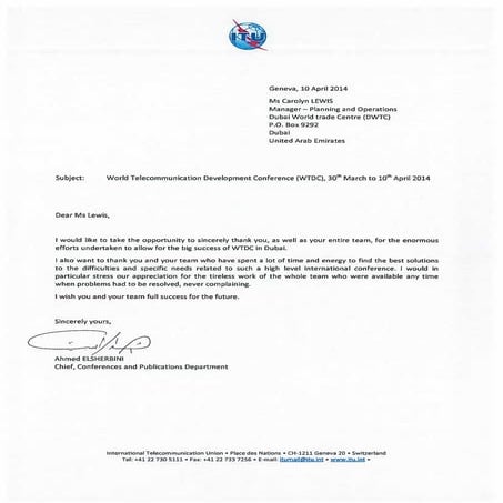 International Telecommunication Union - Letter of Thanks | PDF