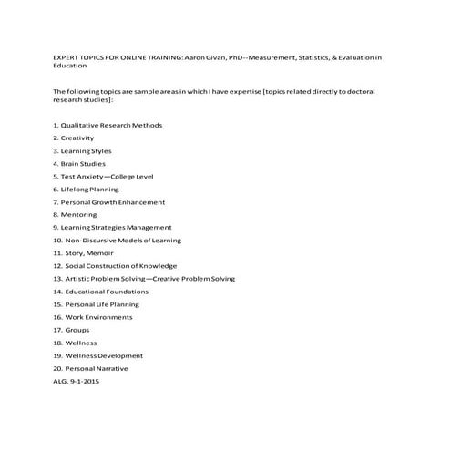 EXPERT TOPICS FOR ONLINE TRAINING ALG 9-1-15 | DOCX
