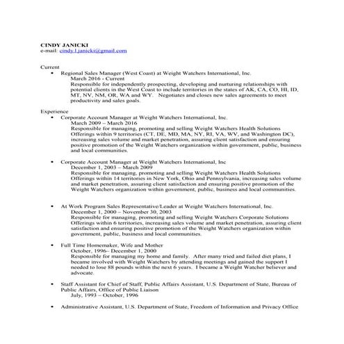 CINDY JANICKI -resume 2016 | DOC | Large Business | Business