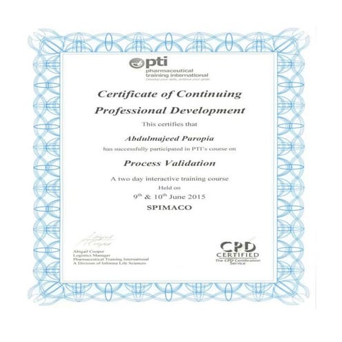 Certificate of process validation -pti | DOCX